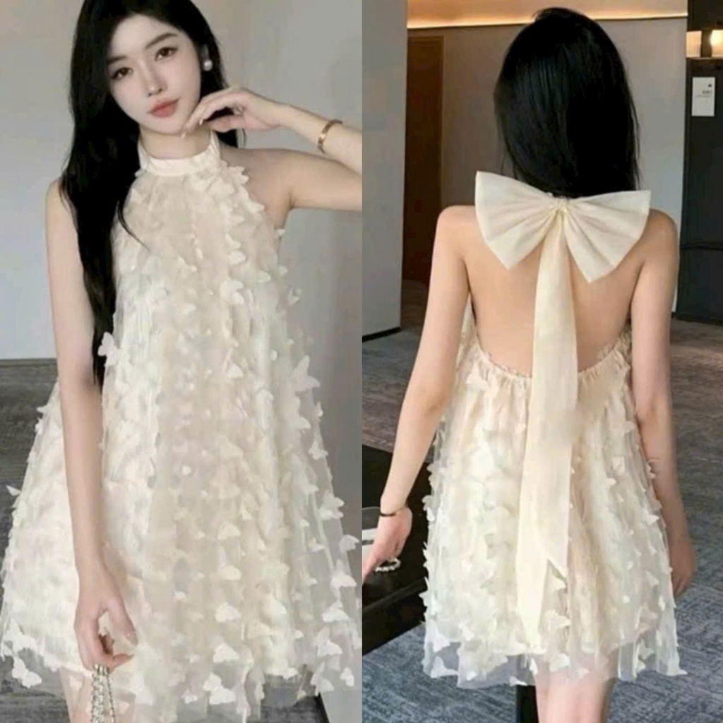 Women's dress with halter neck and backless butterfly mesh fabric, 2 ...