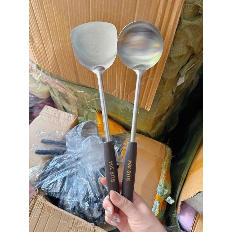 Kitchen Utensils Stainless Steel Cooking Ladle+Scraper Set(SS) | Shopee ...