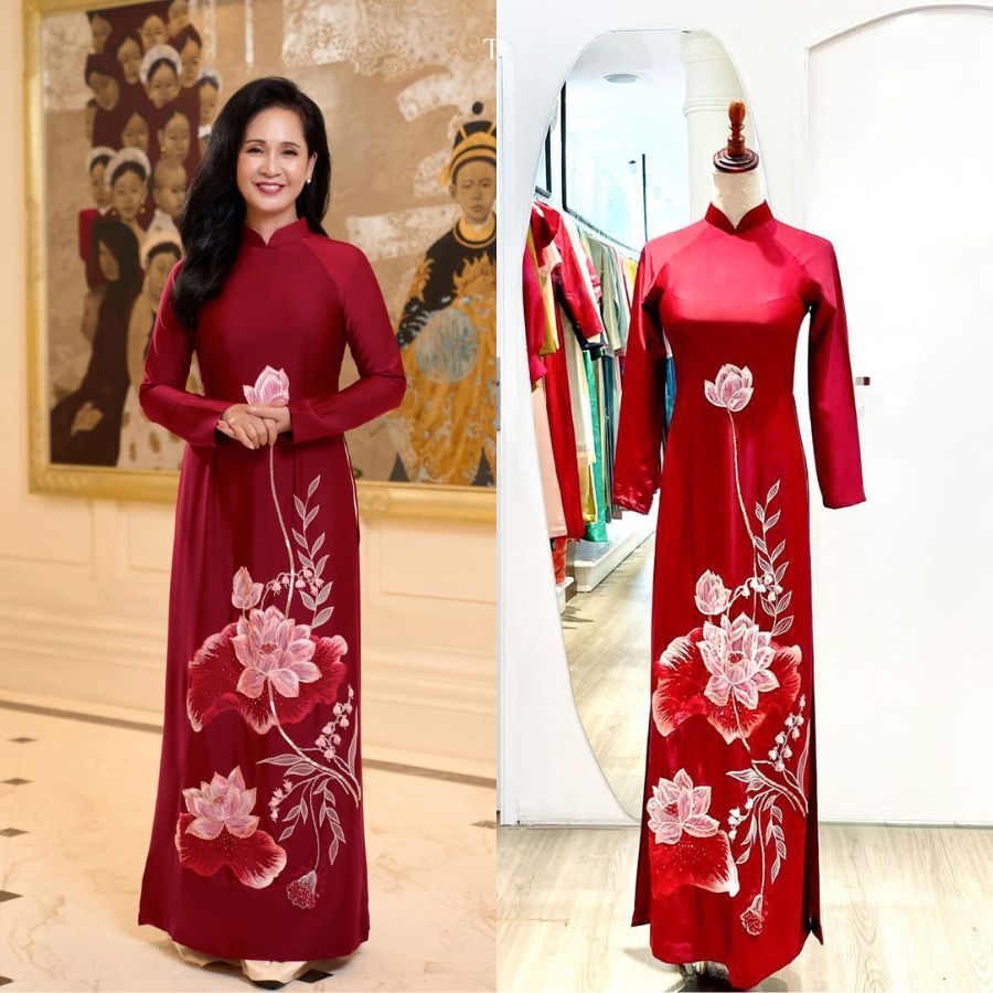 Dinh Huong fashion ao dai red queen silk embellished with white lotus flowers and red leaves, ao ...