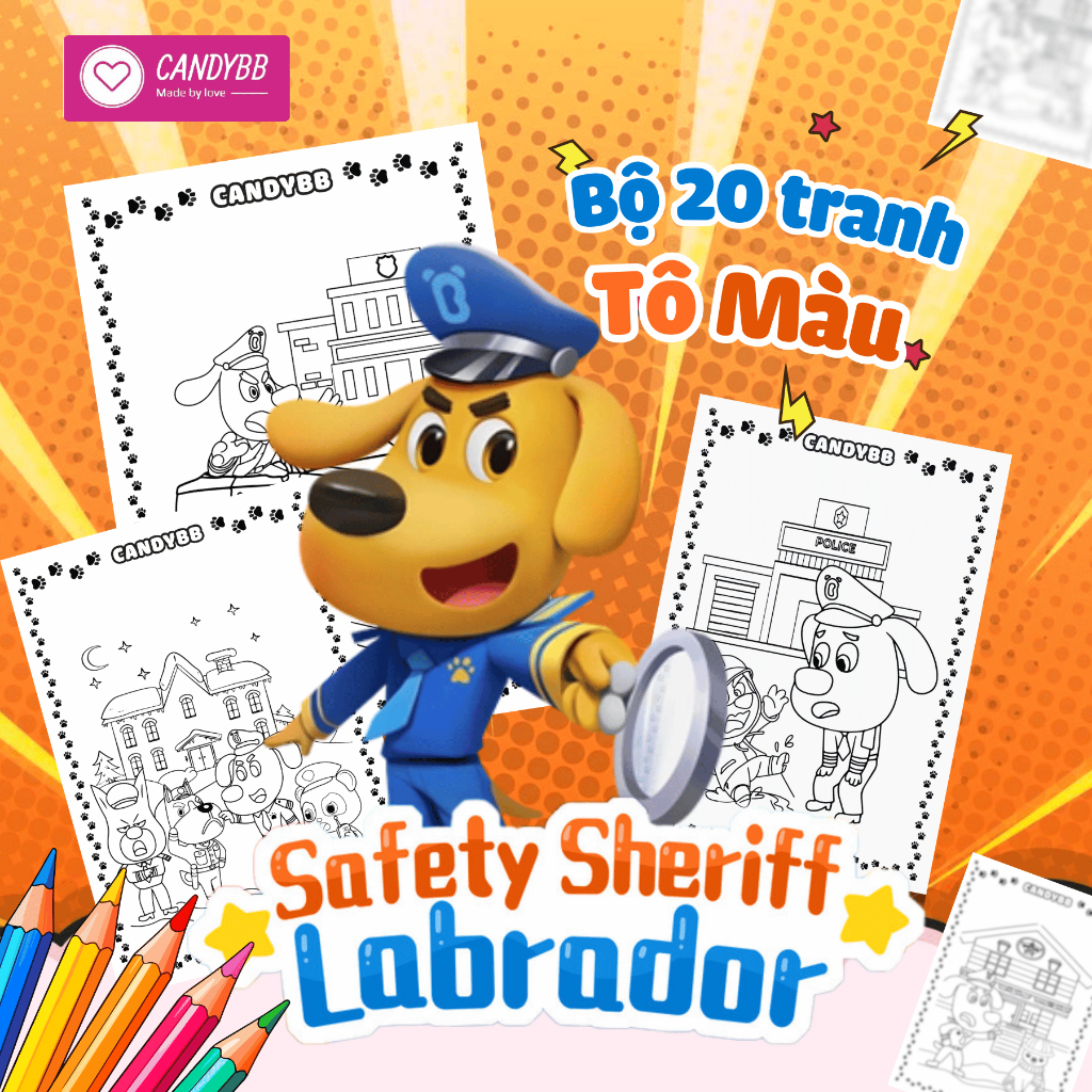 Set of 20 coloring pages for children Labrador Police Chief, helps ...