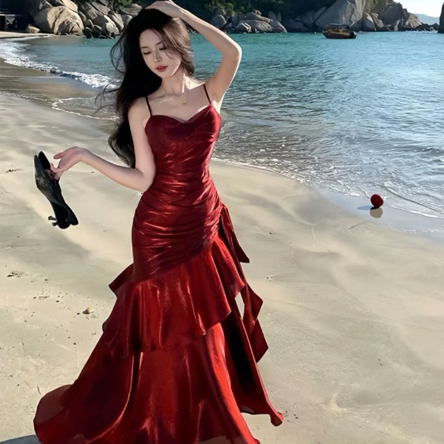 DP2 RED 2-Strap Fishtail Dress with Bow Dress for Going Out, Going to ...