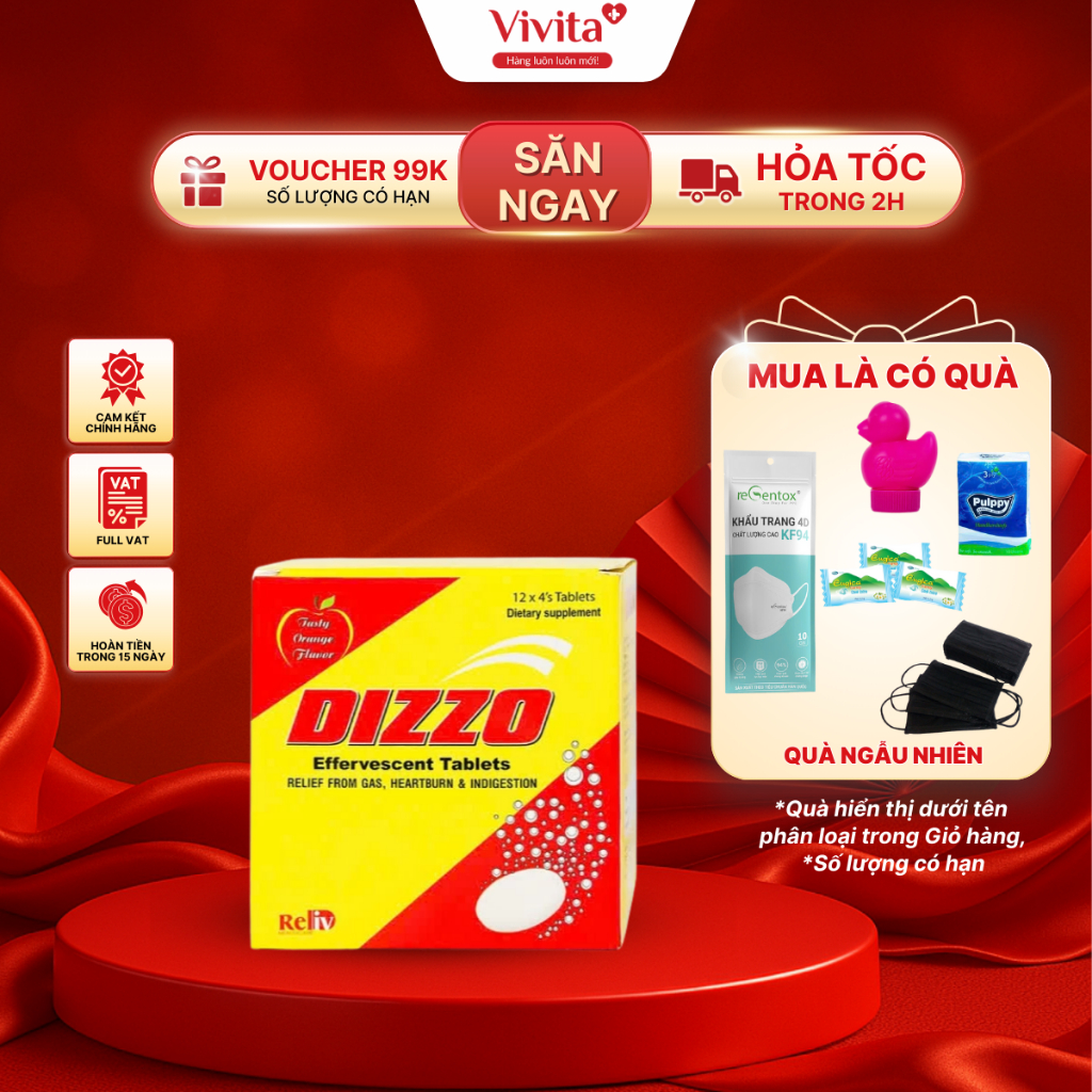 Dizzo Reliv effervescent tablets support digestion, reduce symptoms of flatulence, belching, and ...