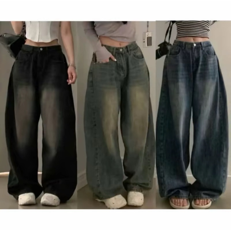 Women's Wide Leg Jeans with Line and Elastic Hem at the Hips ...