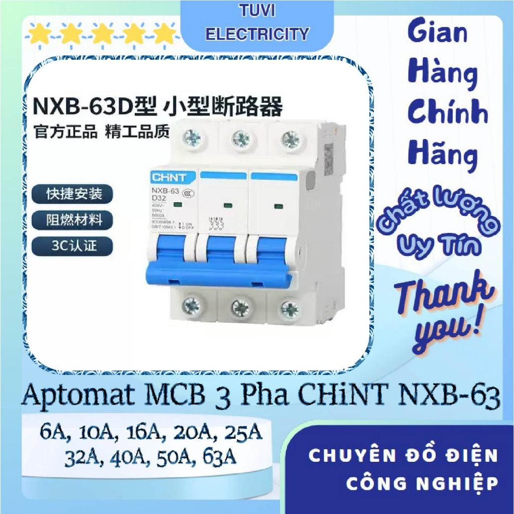 {Genuine} CHiNT NXB-63 3-Phase MCB Aptomat:6A, 10A, 16A, 25A, 32A, 40A, 50A, 63A Cutting Current ...