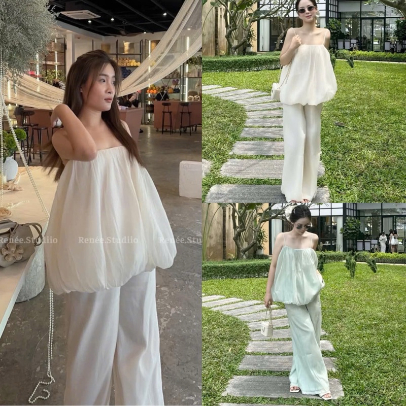 [S2.4037] Puffed Silk 2-String Shirt Set Mixed with Wide Leg Pants in 3 ...