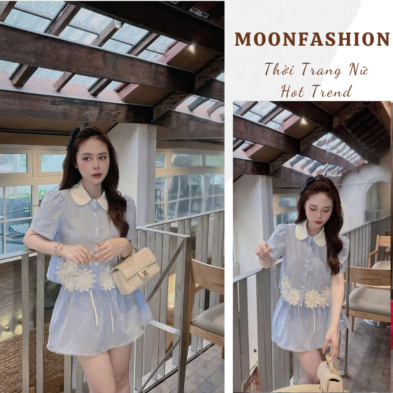 Set of blue striped lotus collar dress with embroidered flowers, cute ...