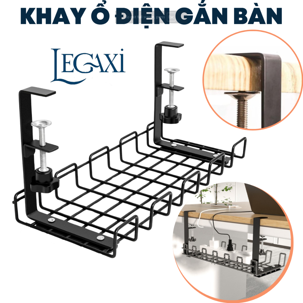 Electrical wire outlet support tray mounted under the table and shelf ...