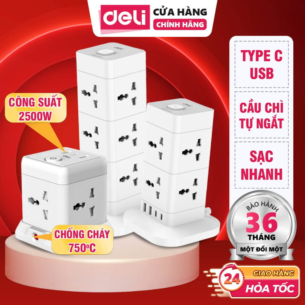 2500W Deli Cylindrical Power Socket With USB Type C Port Fast Charging ...