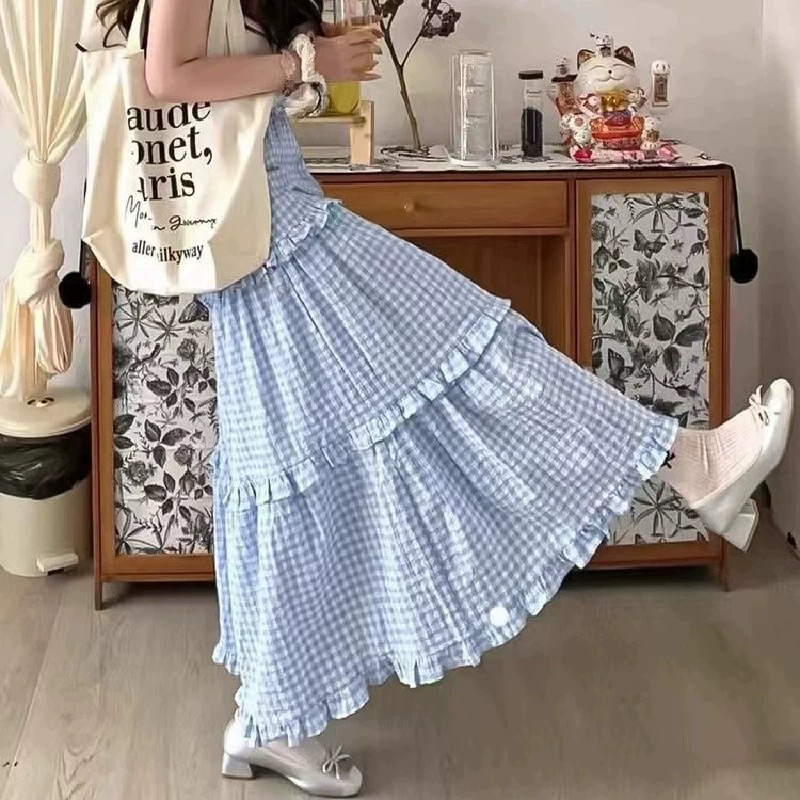 Blue checkered skirt with flared shape and ruffles | Shopee Malaysia