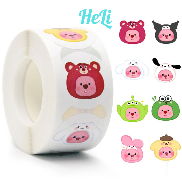 ROLL OF 500 LOOPY, CAPYBARA, CUTE STRAWBERRY BEAR STICKERS IN MANY ...
