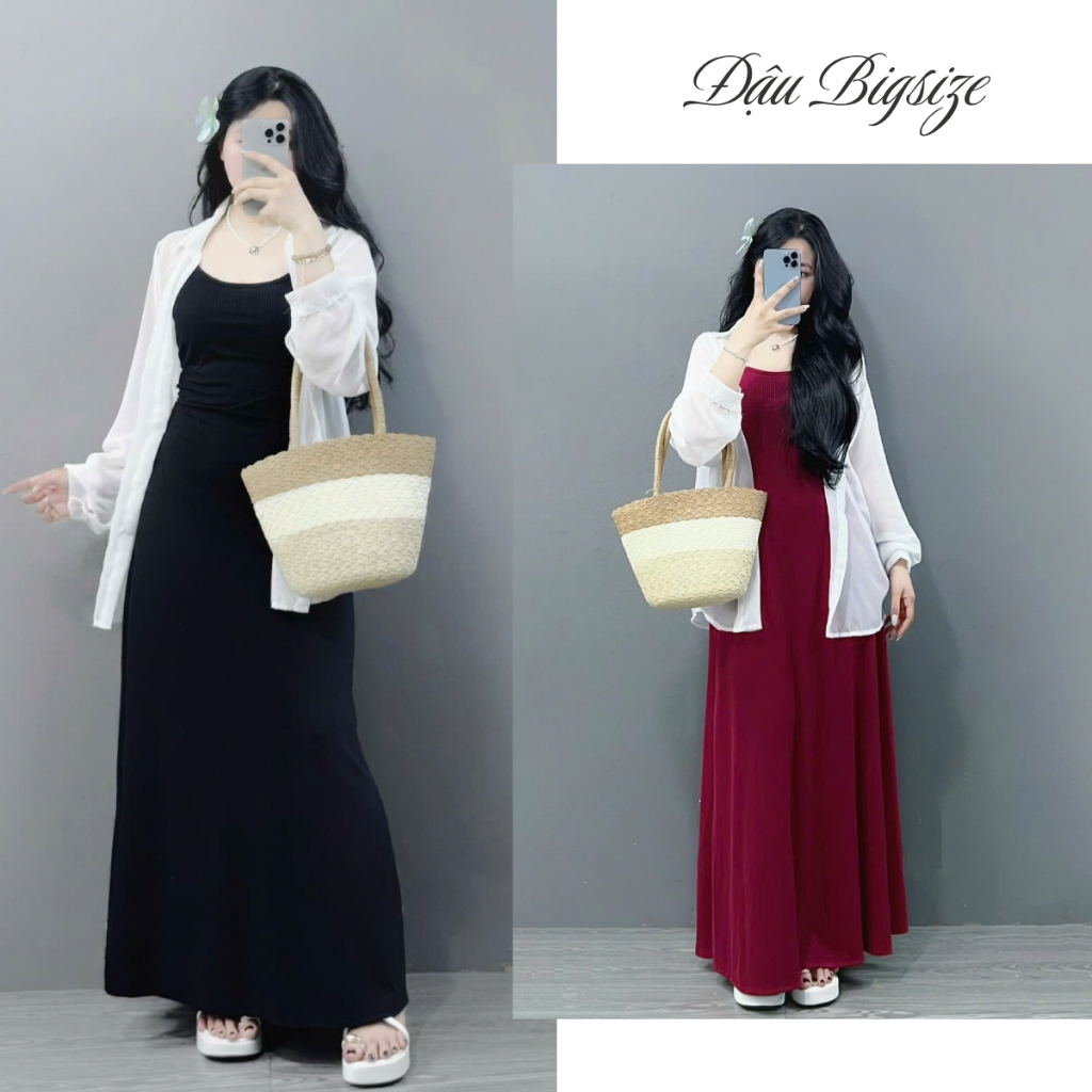 Women's big-size two-strap dress with A-form long shape, flattering ...