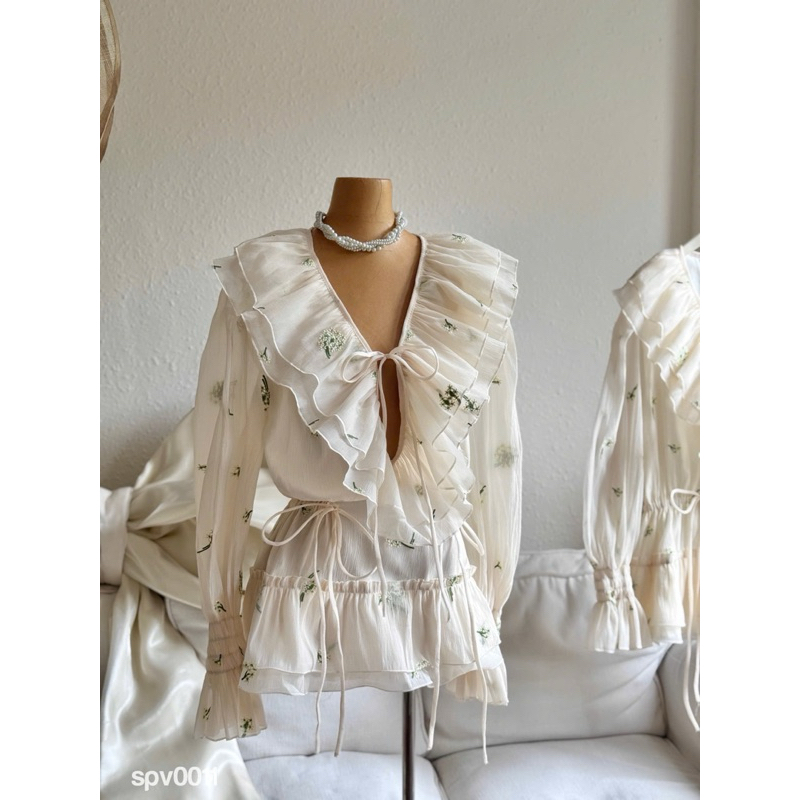 Fairy wing silk ruffle dress with long sleeves and bow tie embroidered ...