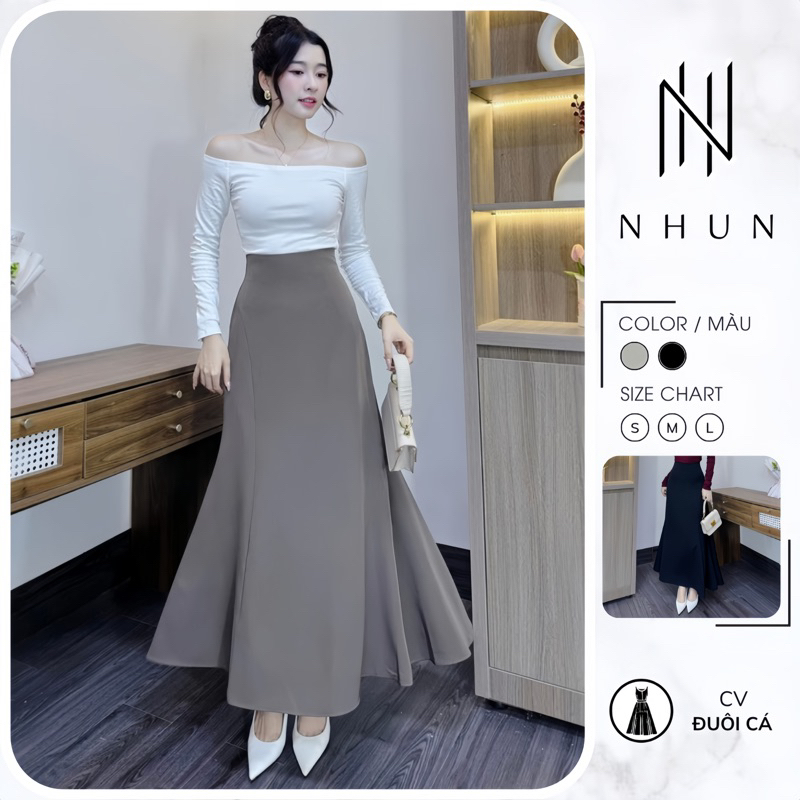 NhunFashion long fishtail skirt with innovative 6-panel design, solid ...