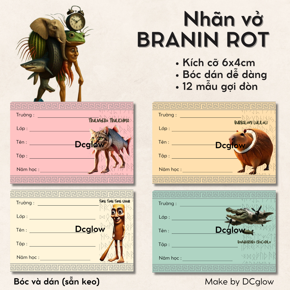 SET of 18 BRAINROT notebook labels, Tung Tung Sahur, 12 new, cute, peel ...