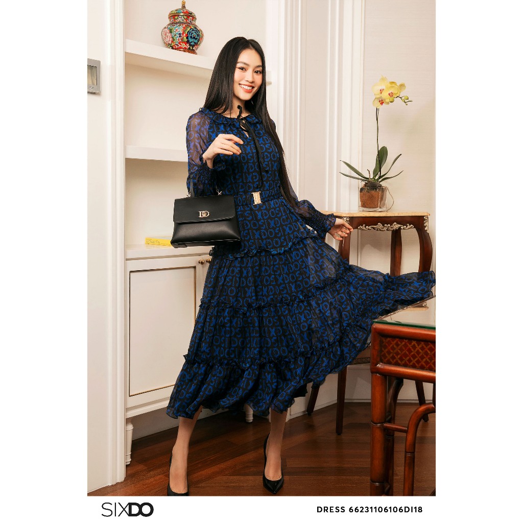 Sixdo Black Sixdo Print Voile Midi Dress (Blue-Black Sixdo Print Voile ...