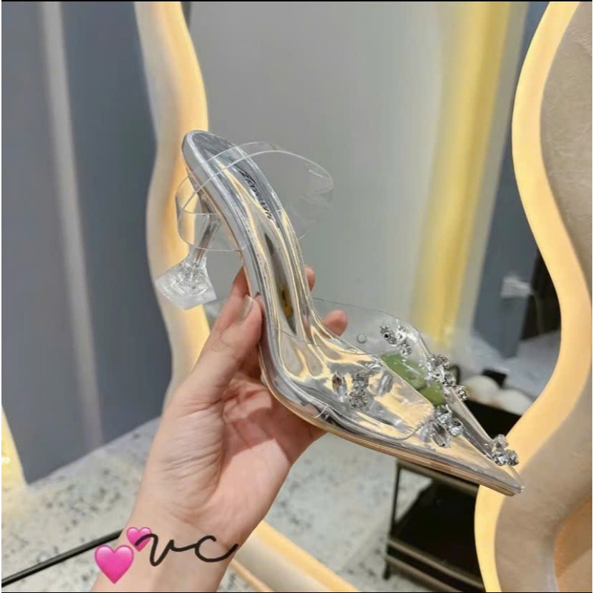 Luxury stone-embellished strappy high heels, sturdy 7-inch clear heel ...