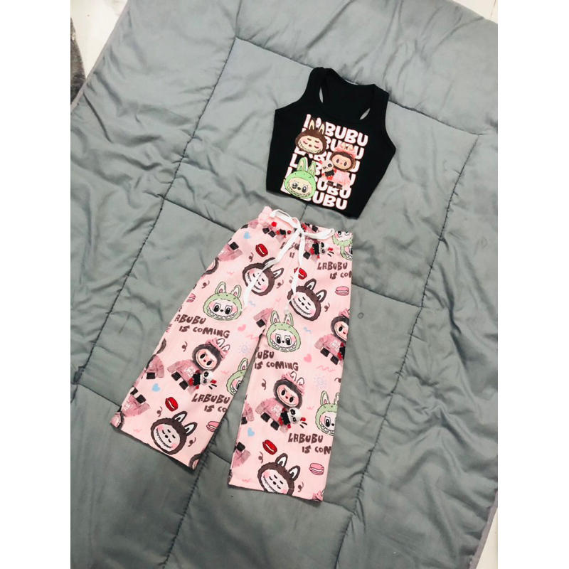 Set of down-leg pants, tank top, labubu print for girls, sizes from 7 ...