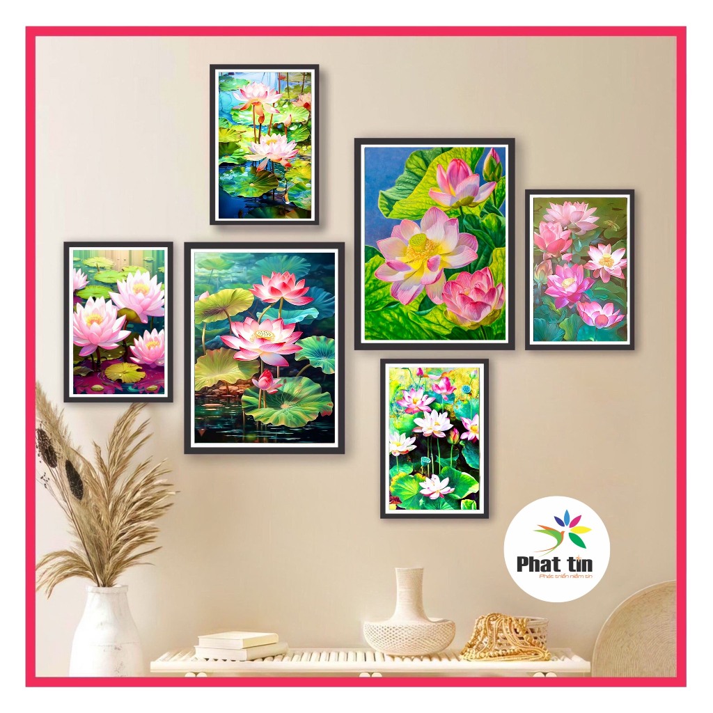 Set of 6 lotus flower paintings for wall decoration, living room decor ...
