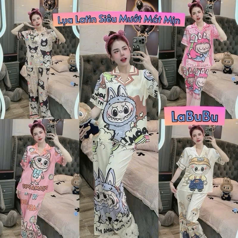 Labubu pajama set, short sleeves, latin silk long pants, cute new ...
