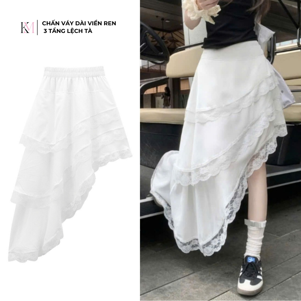 Long skirt with stylized three-layer lace trim for women, Beach and ...