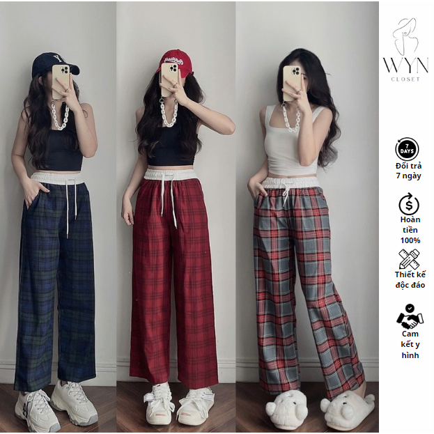 Wide-leg checkered pants with white waistband and drawstring, super ...