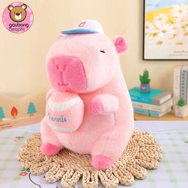 Capybara Mouse Teddy Bear (Pink) Holding Tennis Ball (Slow Retractable ...