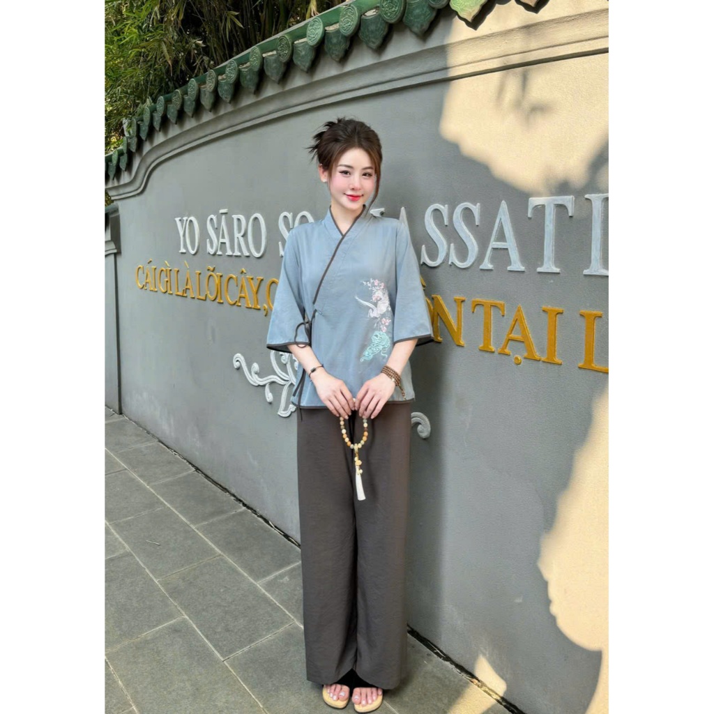 Blue clothes for going to the temple, V-neck Pagoda Set with Tied Waist ...