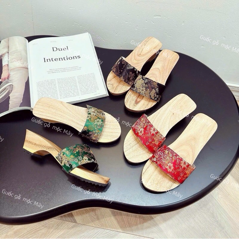 4 inch wooden clogs with boat sole mixed with brocade - Moc rattan ...