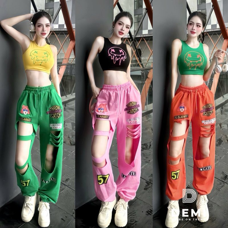 Smiley face crotop t-shirt Set mixed with cool icon torn shorts DEMI ...