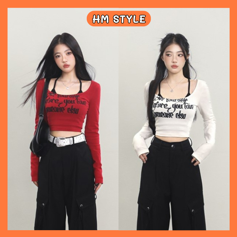 Women's shirt Set 2 Piece body-hugging crop top with long sleeves U ...