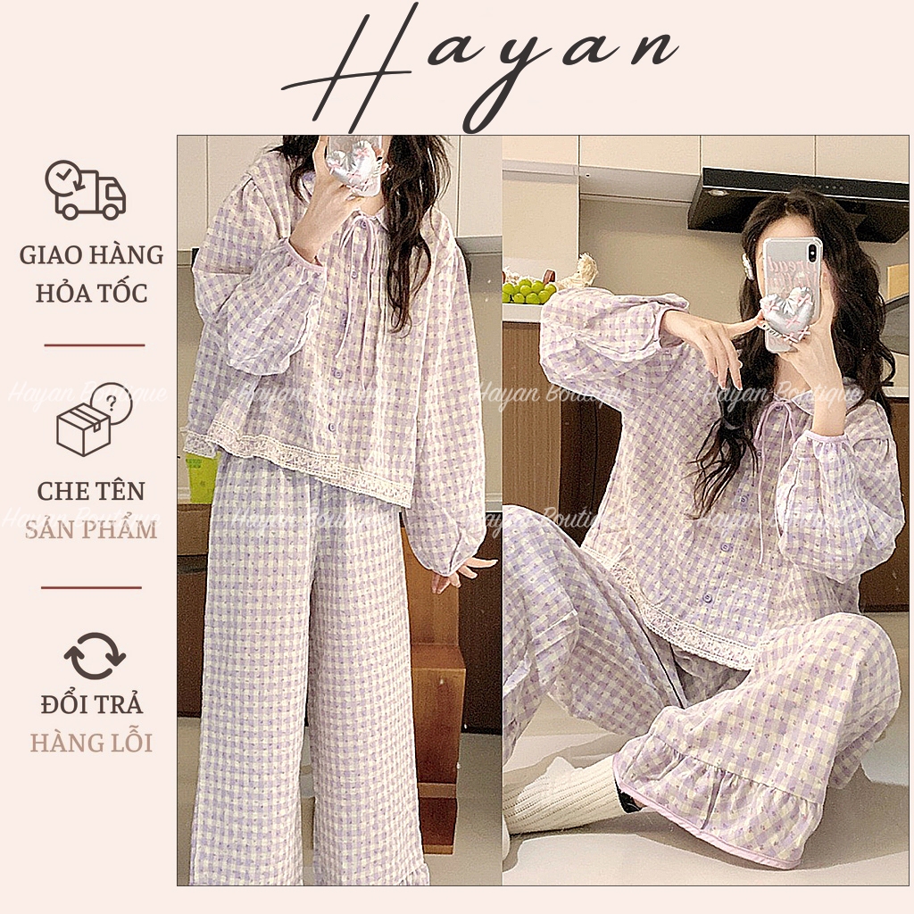 HT7000d Lady's rough pajamas with checkered floral patterns, long ...