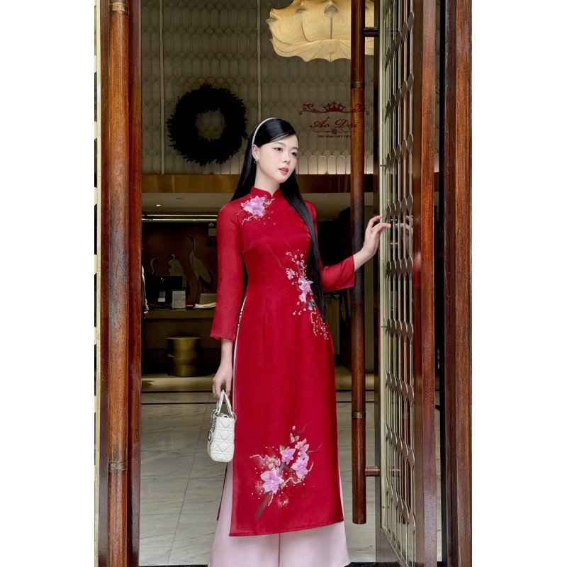 (Shop Photo) Linh Chau Modern Ao Dai in red with printed motifs and ...
