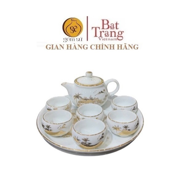 Tea set with gold thread border and landscape motifs with Bat Trang ...