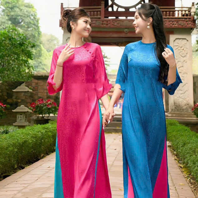 Modern silk brocade ao dai with round neck and buttons covered in teal ...