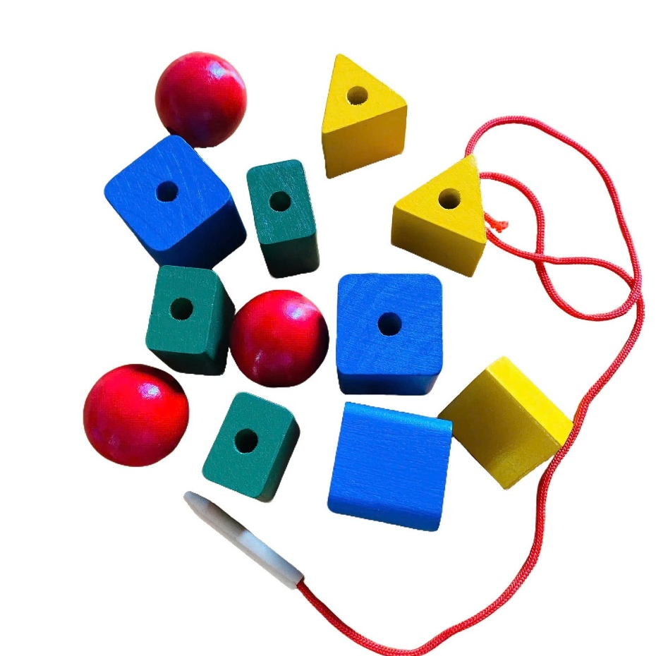 Wooden detailed cube stringing toy, stringing to create shapes to train ...