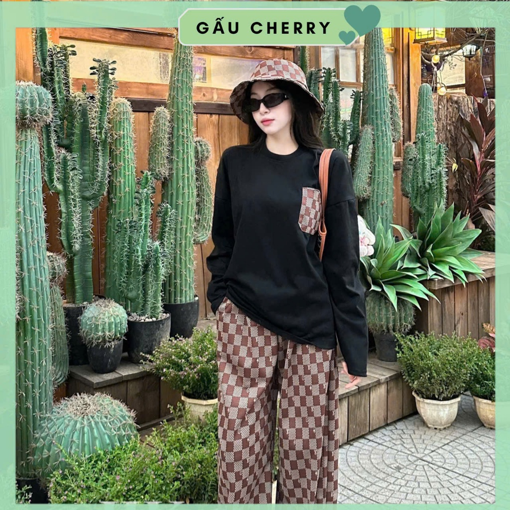 Lvv Set of wide-leg plaid pants and long-sleeved shirt with chest ...