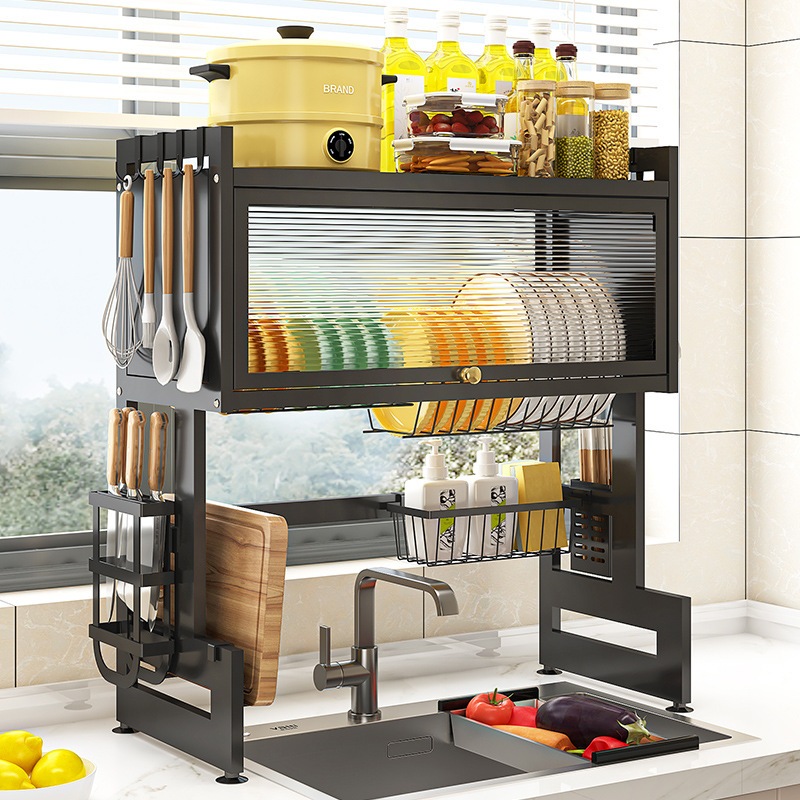 Dish rack with lid, Smart Dish Rack Over the Sink - High-end 1/2-tier smart kitchen shelf 65 ...