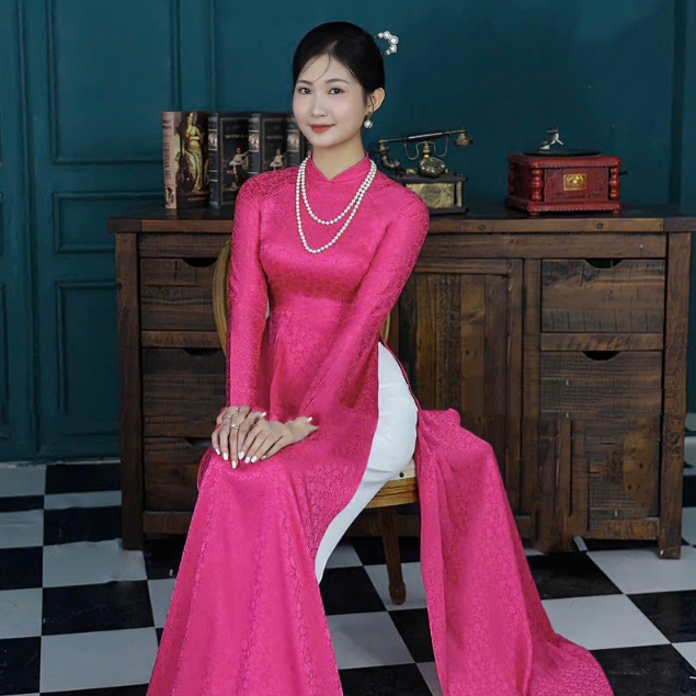 Traditional ao dai with high neck silk brocade - Dark pink brocade ao ...