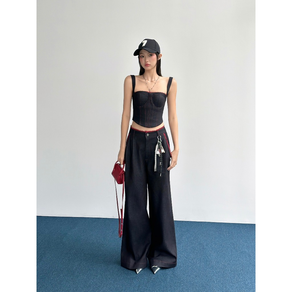 Dark Blue Wide Leg Jeans with Red Lace - HOO DESIGN | Shopee Malaysia