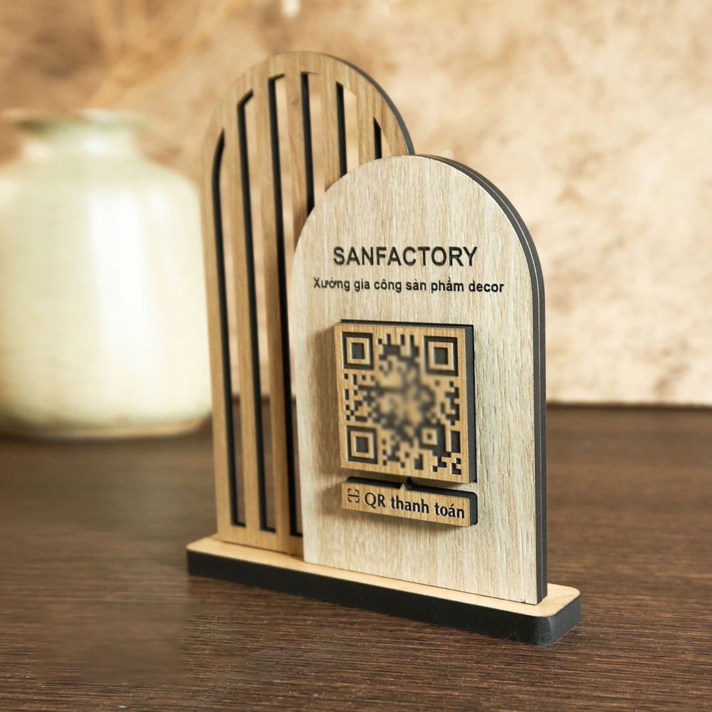 Wooden tabletop payment QR Code board sends QR Code image to shop to ...