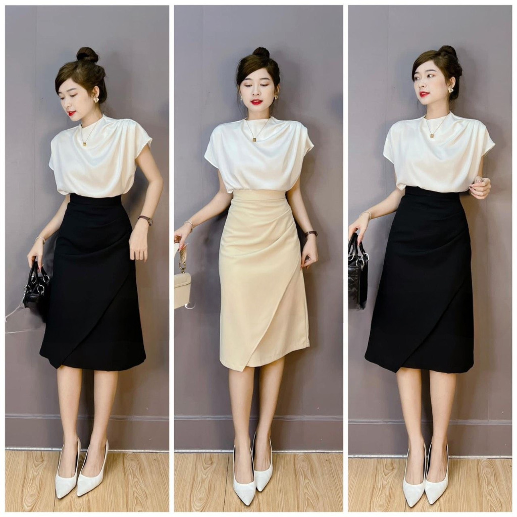 Knee-length skirt with ruffled waist and diagonal flap to hide the ...