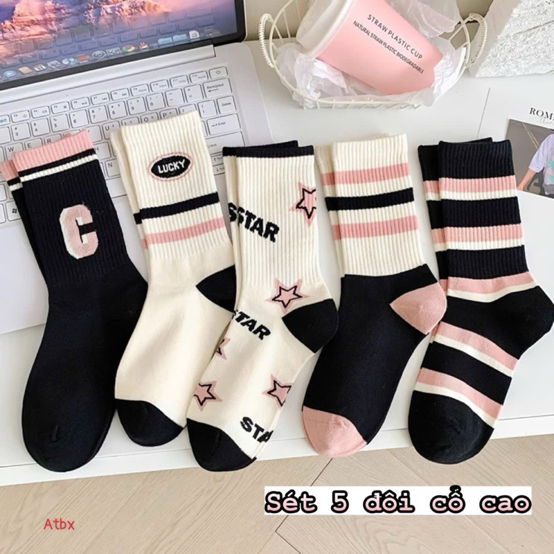 Set of 5 Pairs of Korean Women's High Collar Socks, very pretty color ...