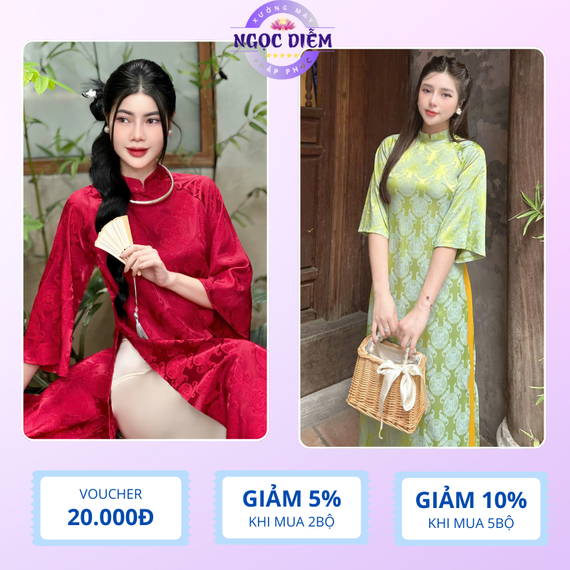 Straight Brocade Silk Ao Dai with Tho Letter Pattern, Formal Dip Ao Dai CNY Spring Travel Collar ...