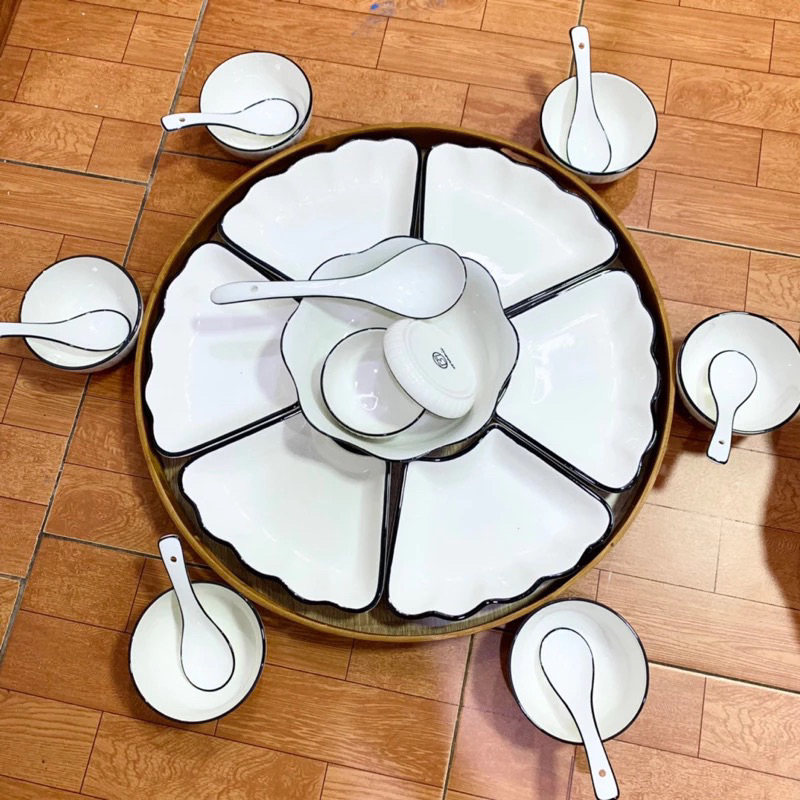 22 Piece ceramic dinnerware set + wooden tray, Sun flower dinnerware ...