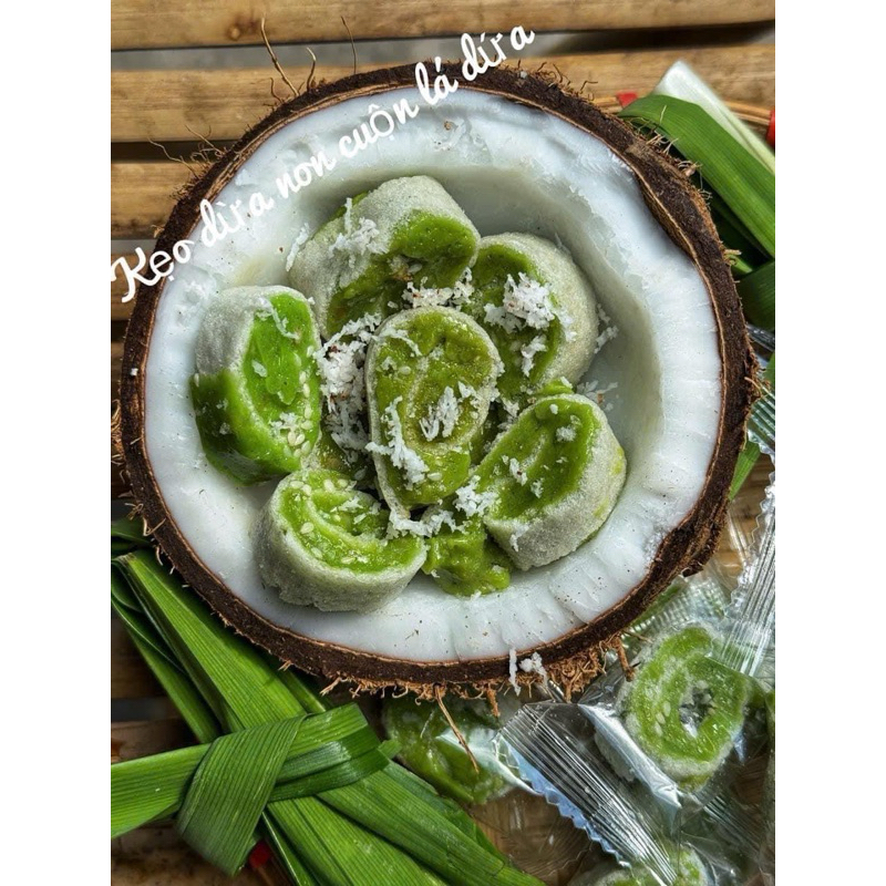 Young Coconut Candy Rolled with Durian, Pandan Leaves, (Less sweet ...