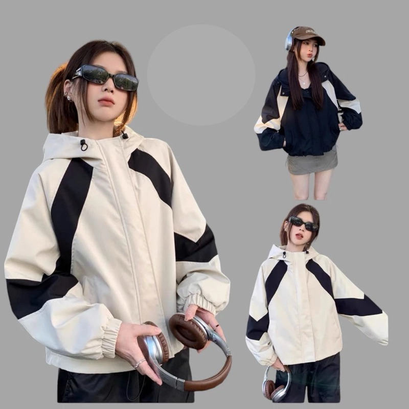 Women's crop top windbreaker with super cute 2-layer hat, crt ...
