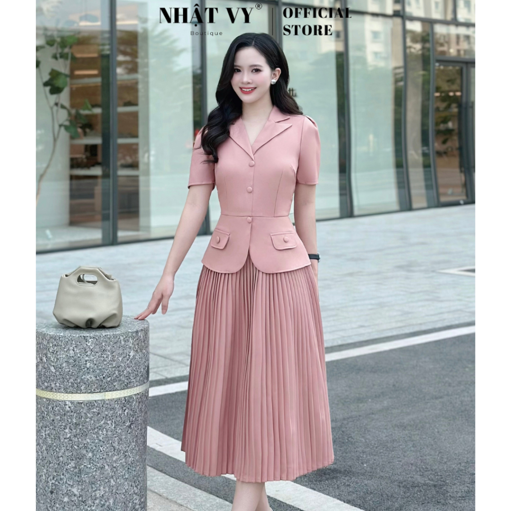 Nhat Vy dress with buttoned vest collar and silk pleats, suitable for ...