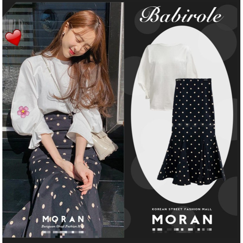 Vintage MORAN Korean skirt with polka dots and long flared fishtail ...