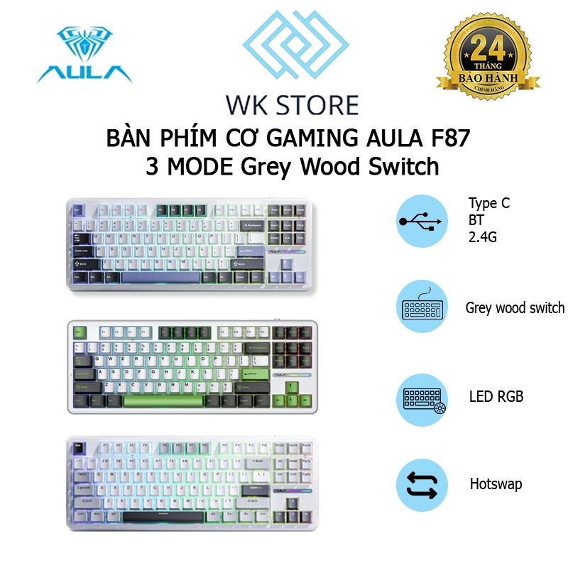 Aula F87 3 MODE GAMING MECHANICAL KEYBOARD Gray Wood Switch | | Shopee ...