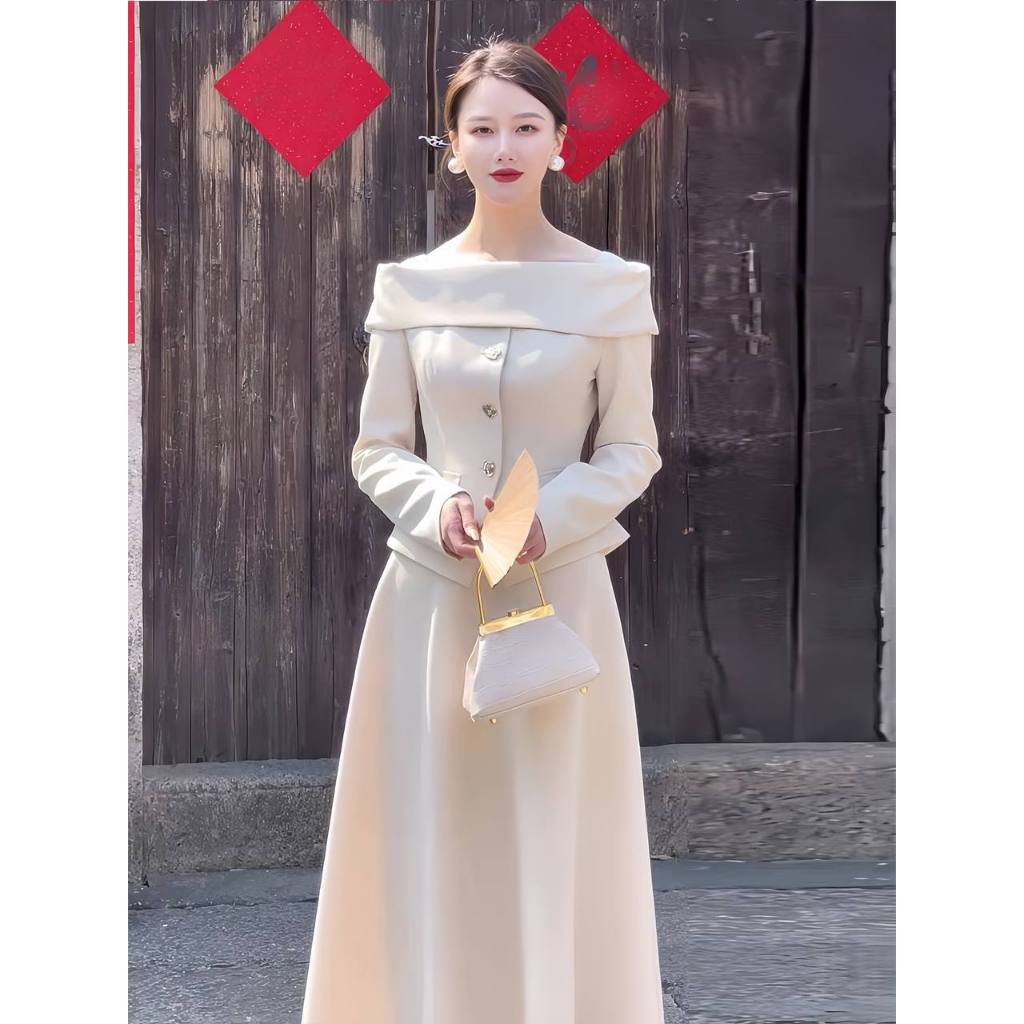 N1758 DATINO Office Off-Shoulder Suit Elegant Long Soft Diagonal Fabric ...